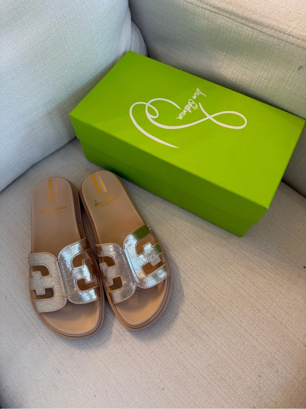 Sam Edelman | Shoes | Sam Edelman Gold Slide Sandals With Tan Footbed ...